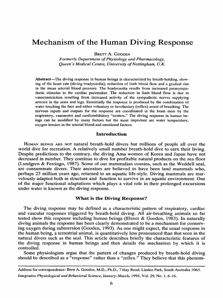 Mechanism of The Human Diving Response | PDF | Physiology ...