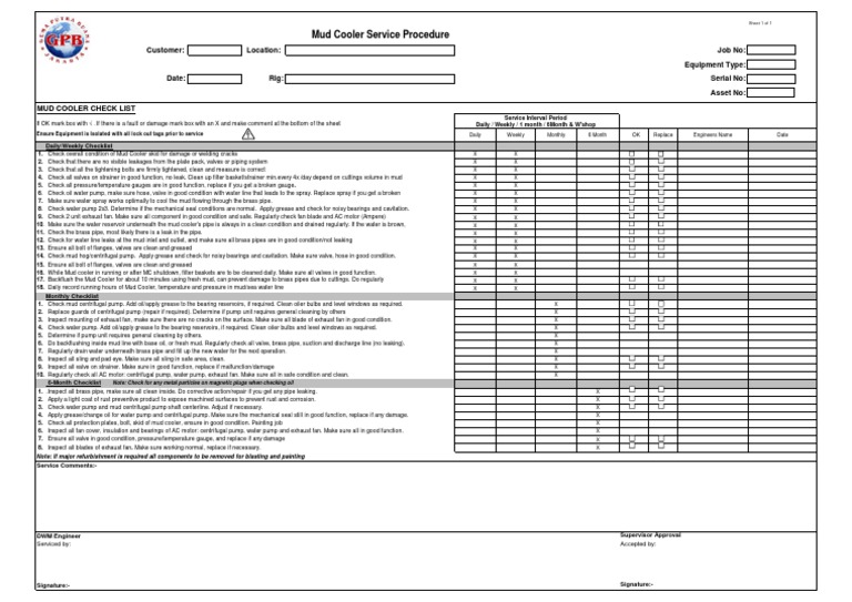 Mud Cooler Maintenance Checklist | PDF | Pump | Valve