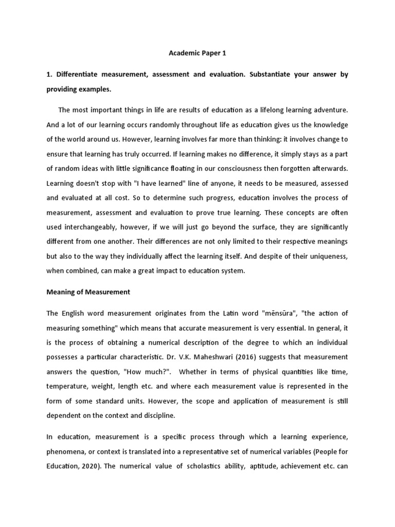 Academic Paper 1 1. Differentiate Measurement, Assessment and ...