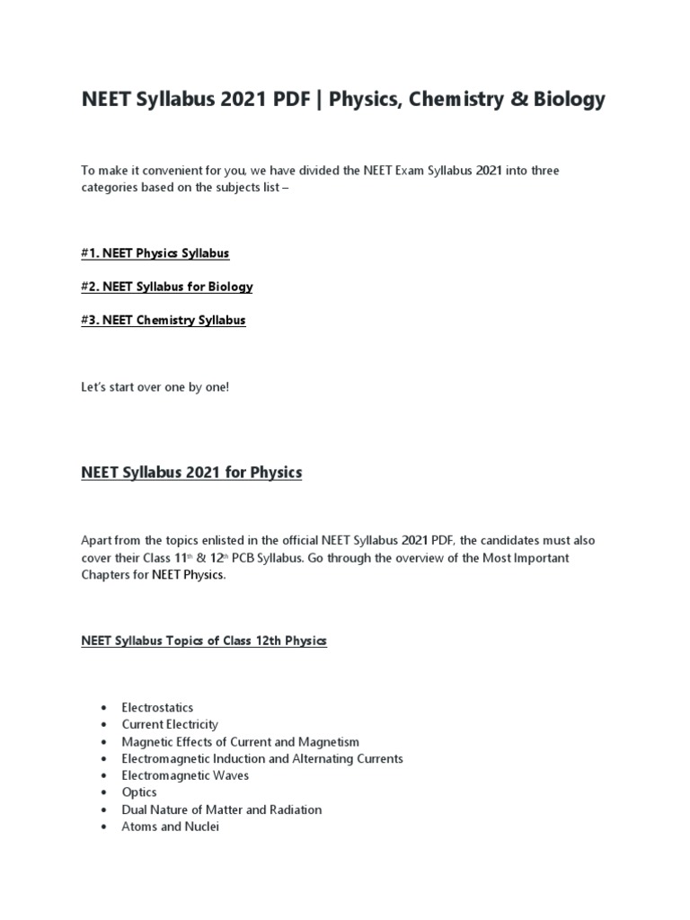 NEET Syllabus Chapter Wise Weightage | PDF | Chemistry | Physics