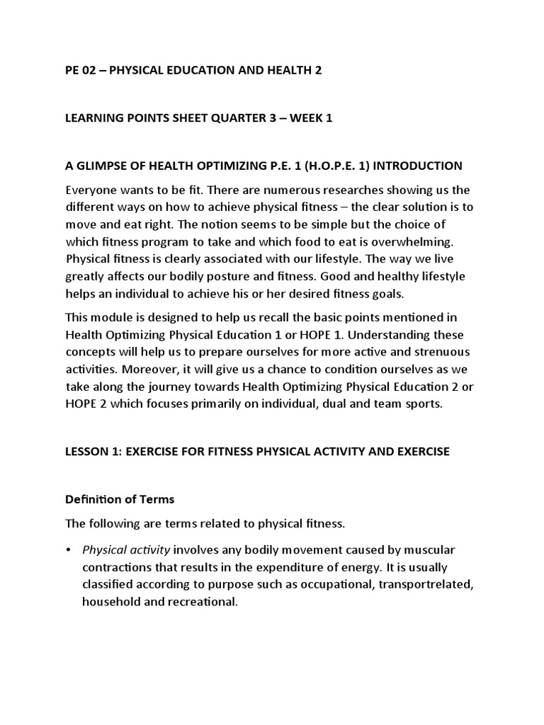Pe 02 - Physical Education and Health 2 Learning Points Sheet Quarter 3 ...