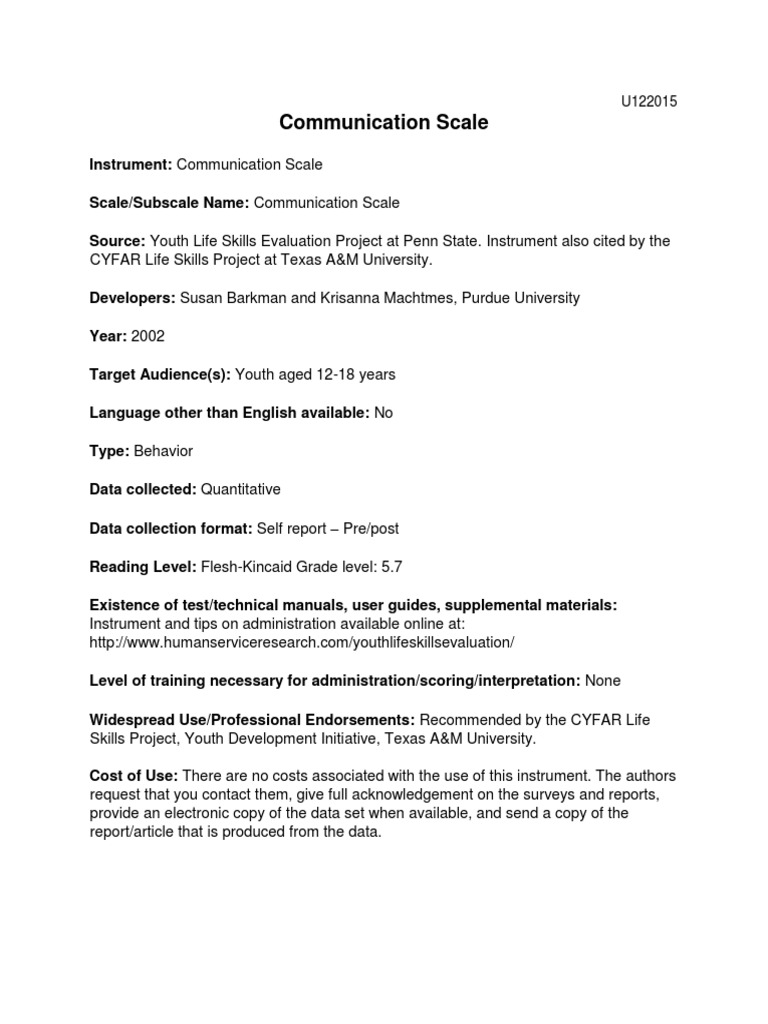Communication Scale (Ages 12-18) | Download Free PDF | Validity ...