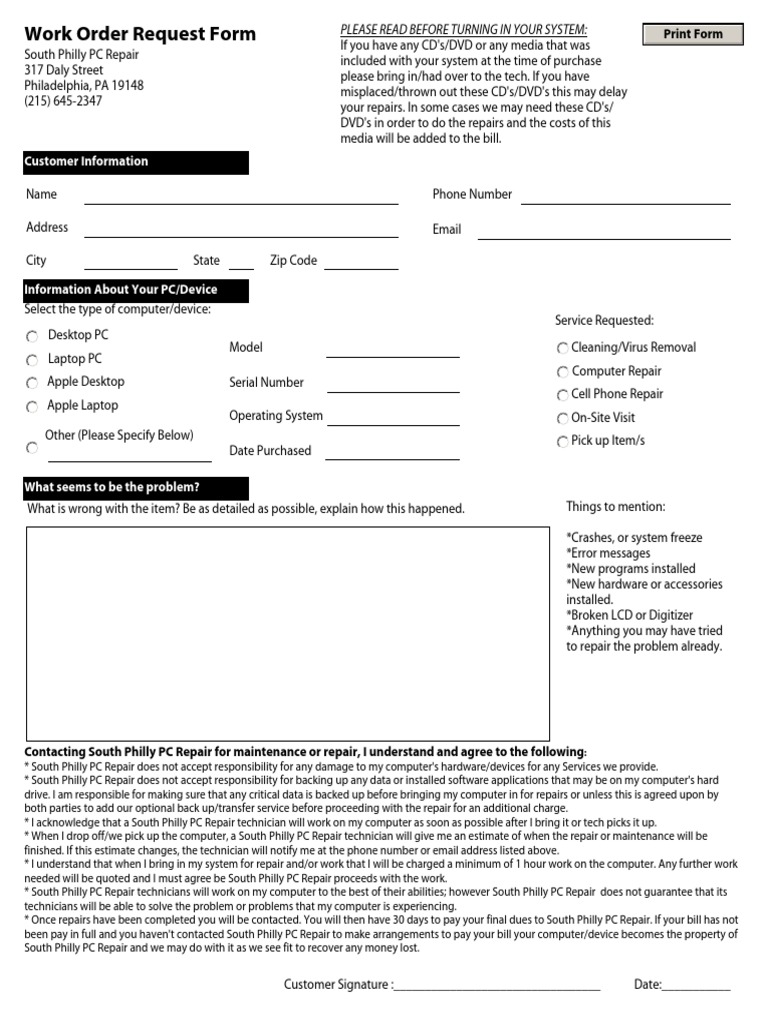 Repair Work Order Request Form | PDF | Personal Computers | Computer ...