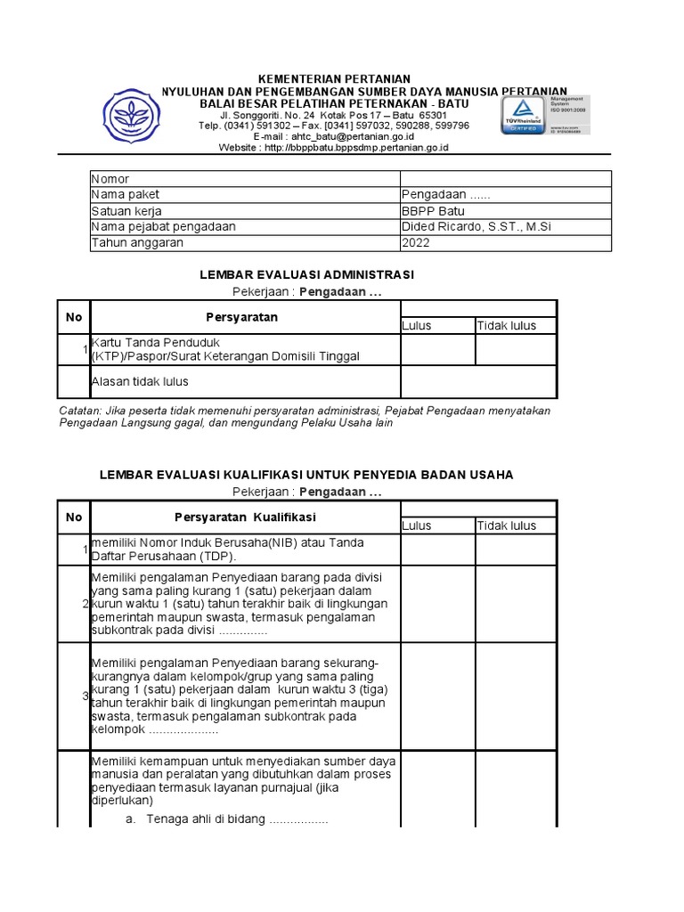 3 Kertas Kerja Evaluasi Penawaran Pengadaan Langsung Barang Dan Jasa