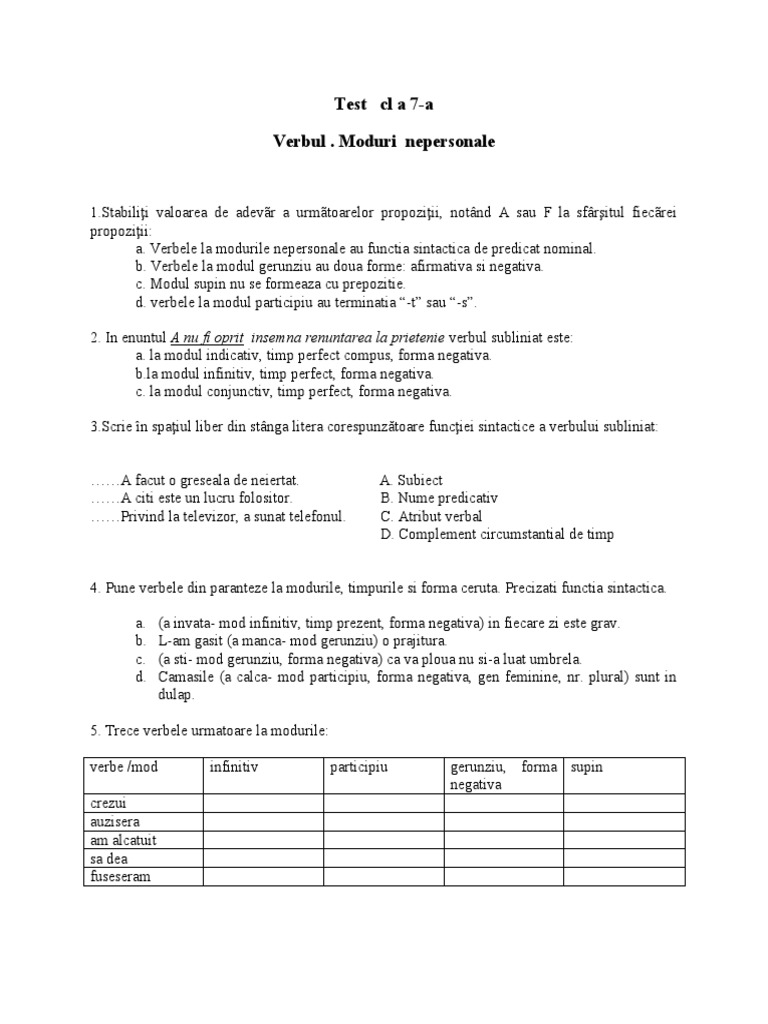 Cls A 7 A Test Verb Moduri Nepersonale | PDF