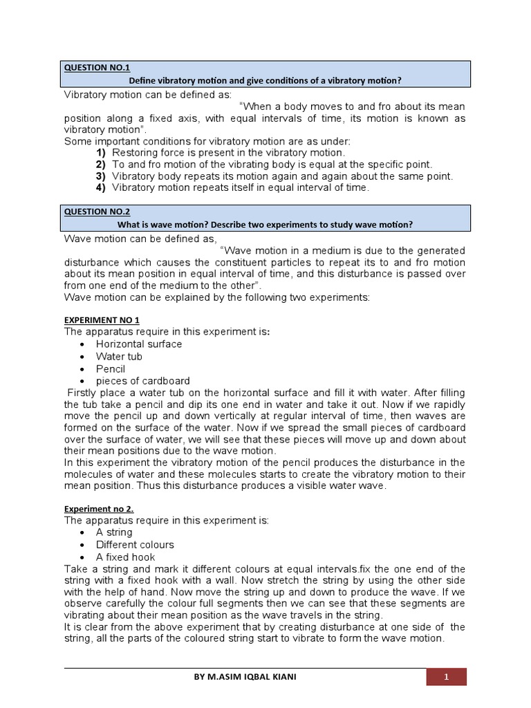 Question No.1 Define Vibratory Motion and Give Conditions of A ...