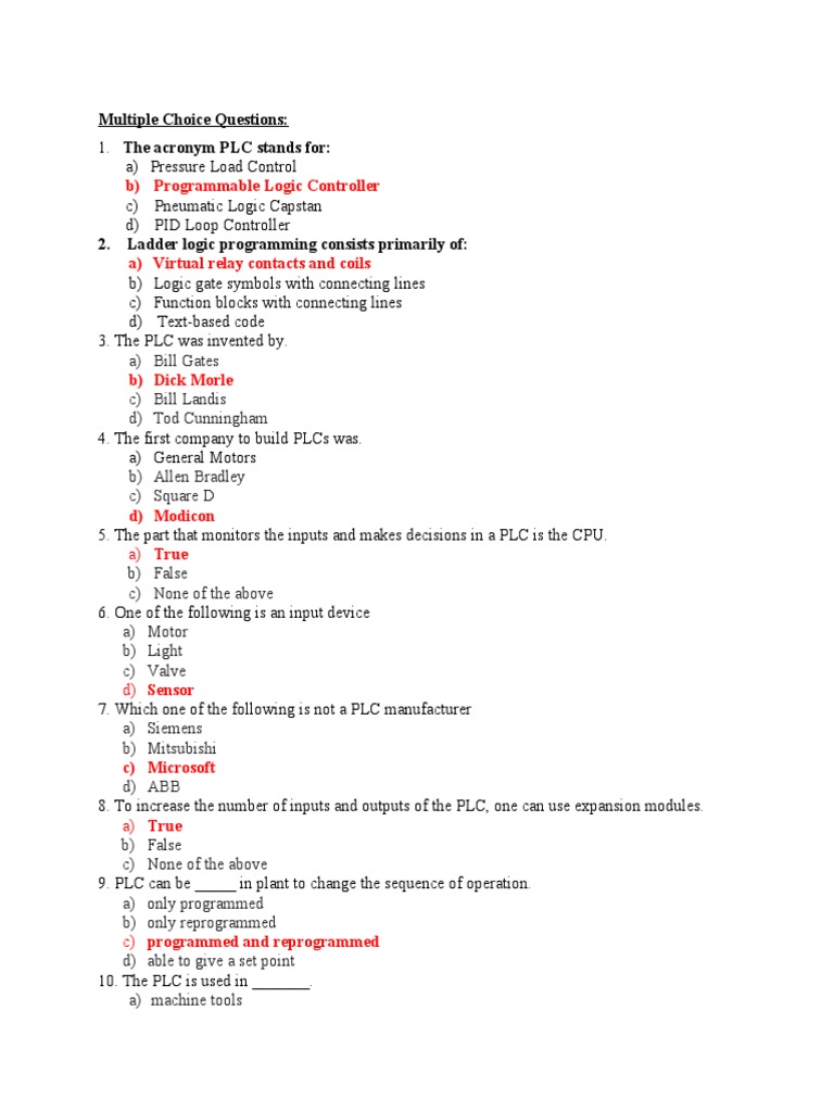 Multiple Choice Questions PLC | PDF