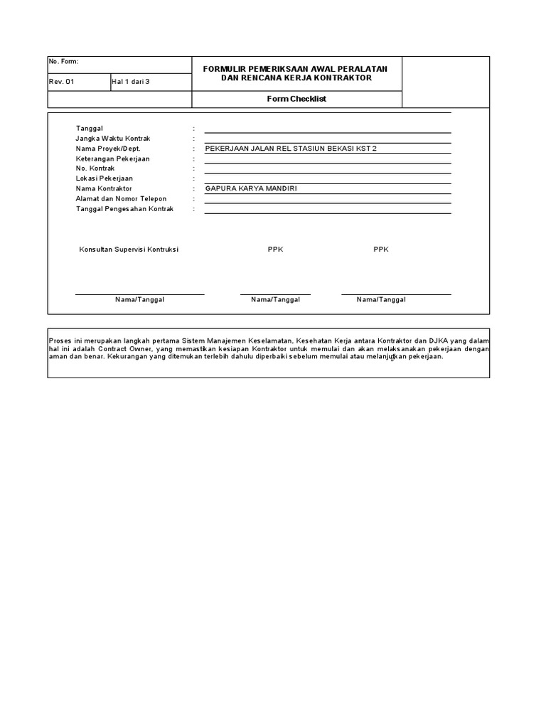 Form Checklist Sistem Manajemen K3 Kontraktor Tahap Pelaksanaan Awal ...