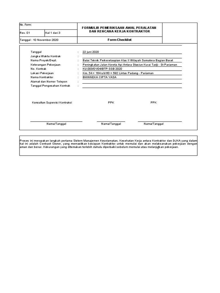 Form Checklist Sistem Manajemen K3 Kontraktor Tahap Pelaksanaan Awal Proyek 1 | PDF