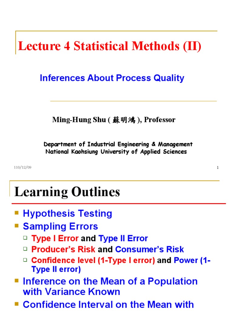 Lecture 4 Statistical Methods (II) : Inferences About Process Quality | PDF | Statistical ...
