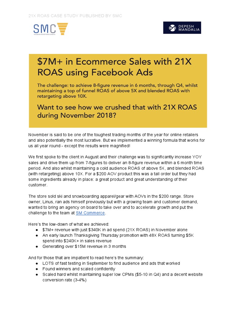 21X ROAS Case Study SMC and Depesh Mandalia | PDF | Facebook | Brand