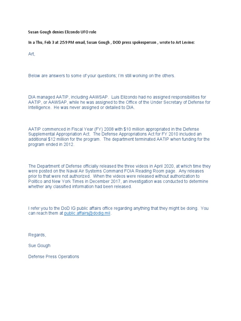 Susan Gough Denies Elizondo UFO Role | PDF