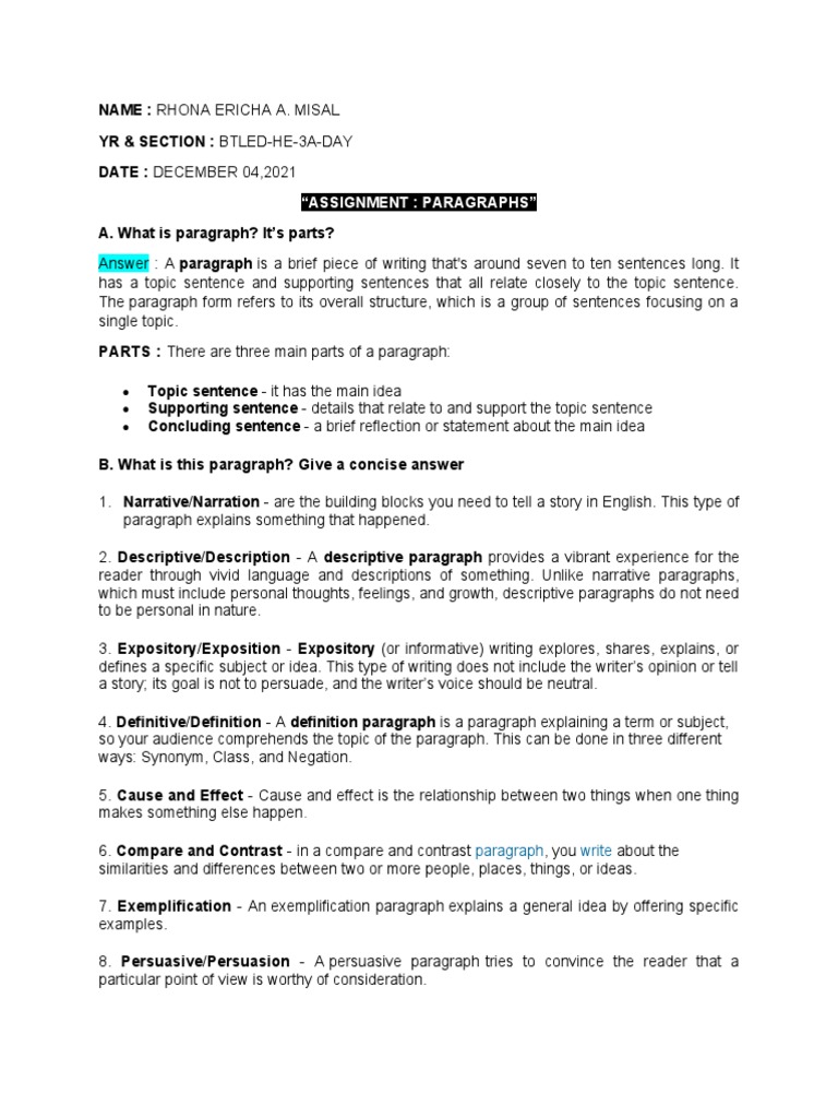"Assignment: Paragraphs": Paragraph Write | PDF | Cognitive Science ...