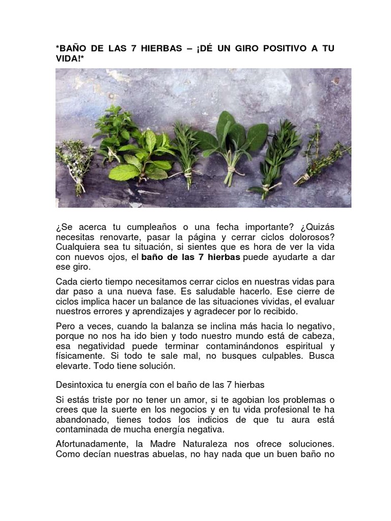 ?baño de Las 7 Hierbas ¡Da Un Giro Positivo A Tu Vida! | PDF | Amor | Té