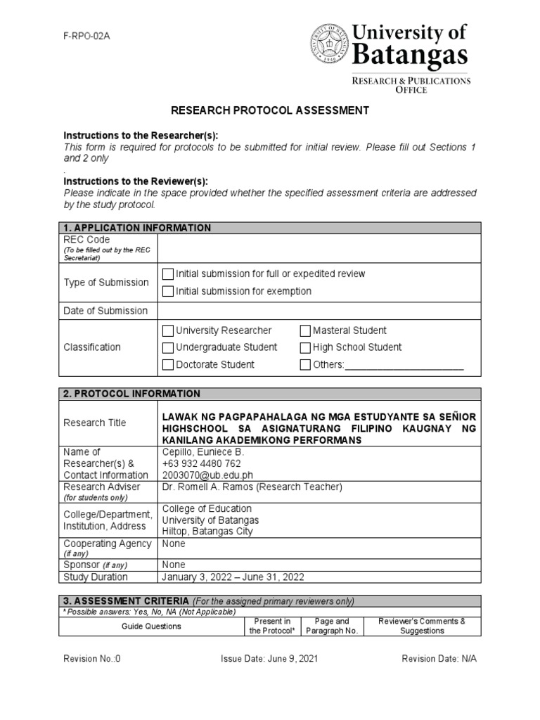 Research Protocol Assessment Form | PDF | Business