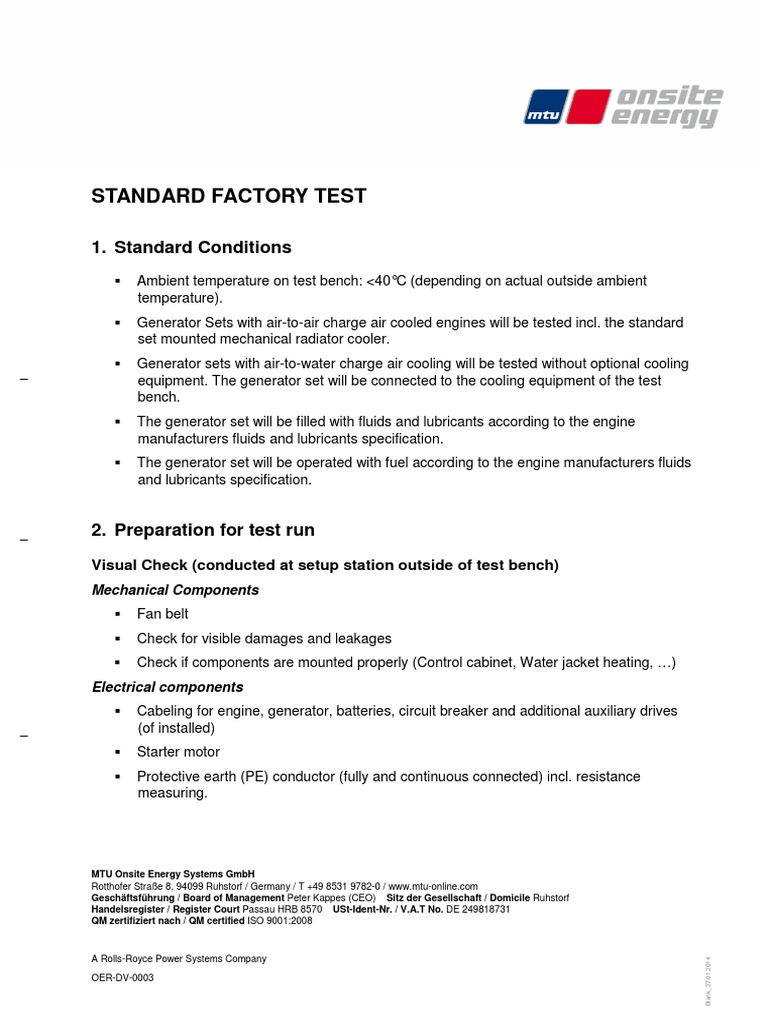 Standard Factory Test | PDF | Engines | Electric Generator