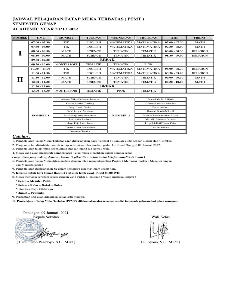 Jadwal Pelajaran PTMT Semester Genap | PDF