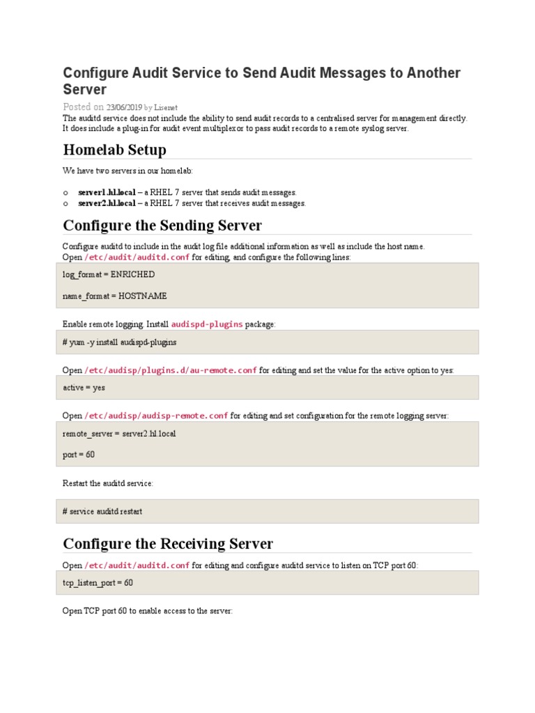 Configure Audit Service To Send Audit Messages To Another Server | PDF | Port (Computer ...