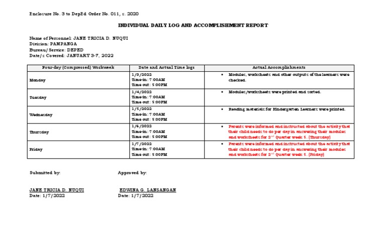 Individual Daily Log and Accomplishment Report. Jan. 3-7-2022 | PDF
