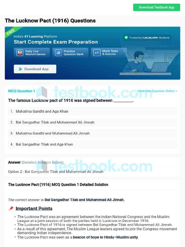 MCQ On The Lucknow Pact 1916 5eea6a1239140f30f369ed00 | PDF