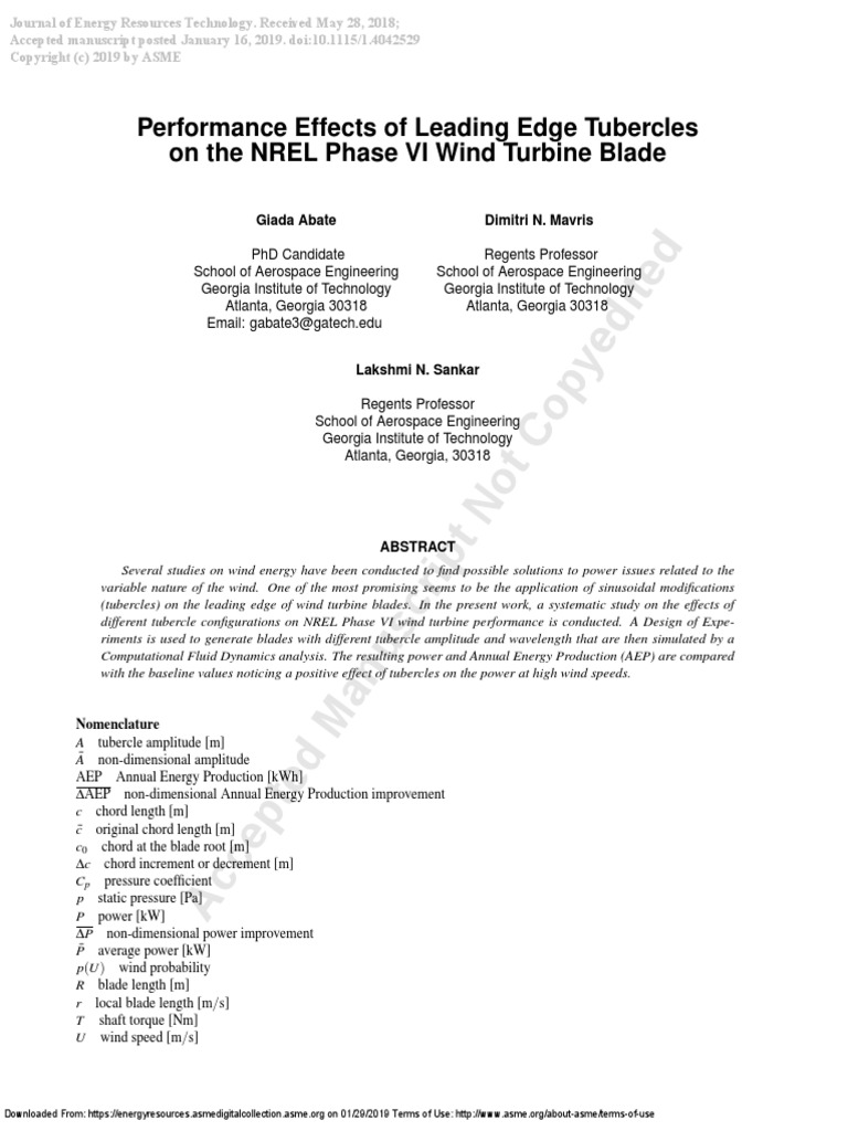 Performance Effect of Leading Edge Tubercles On The NREL Phases VI Wind ...