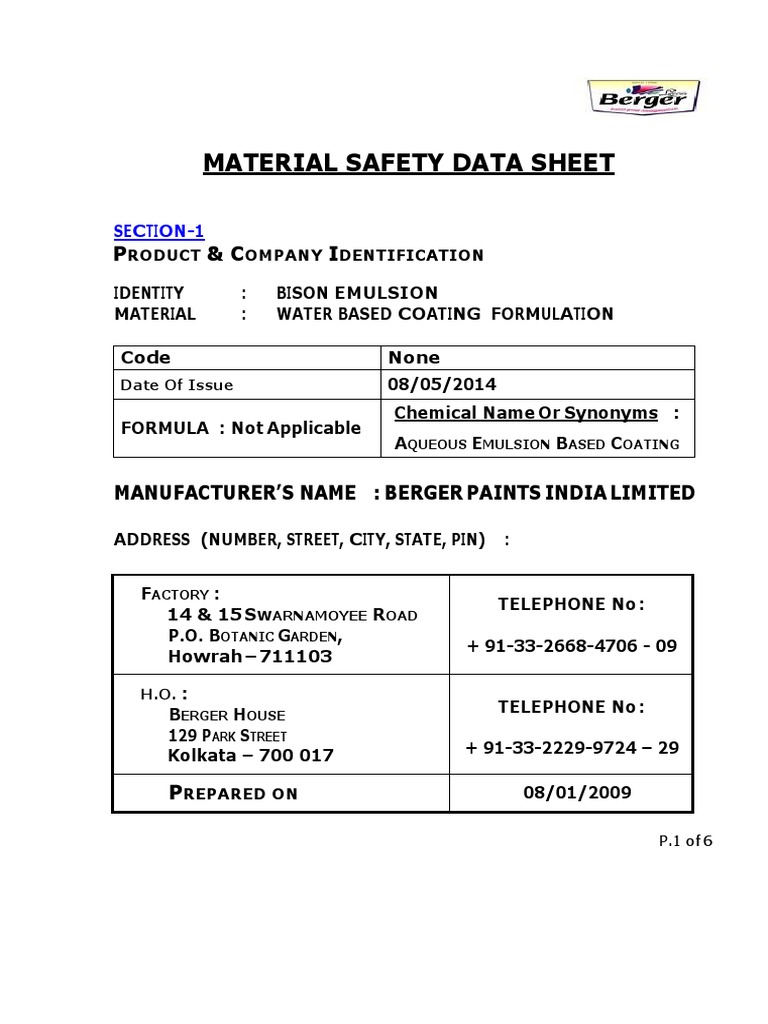 Bison Emulsion Safety Data Sheet | PDF | Water | Liquids