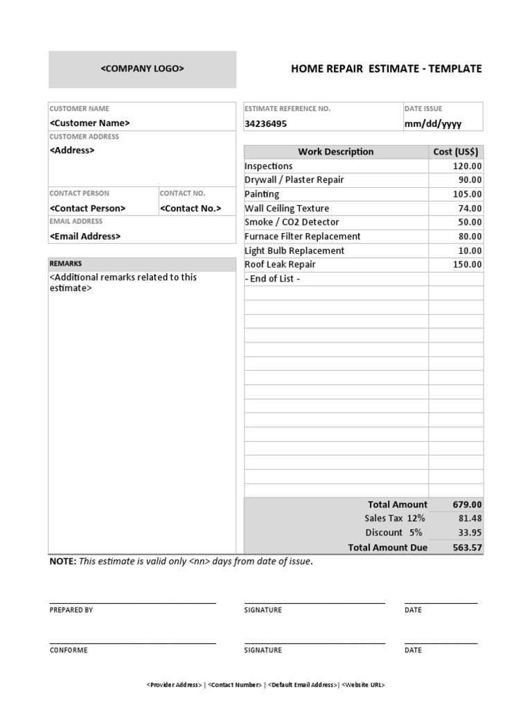 Home Repair Estimate Template | PDF | Structural Engineering | Economic ...