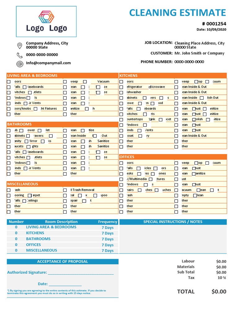 Cleaning Estimate Template | PDF | Sink | Bathroom