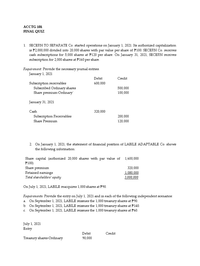 ACCTG 101 Final Quiz: Requirement: Provide The Necessary Journal ...