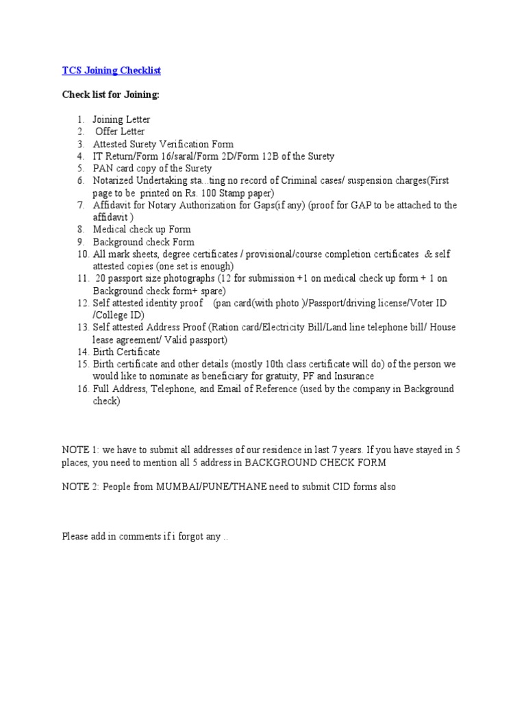 TCS Joining Checklist | PDF