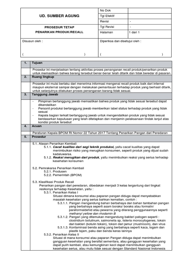 Contoh Format SOP Recall | PDF