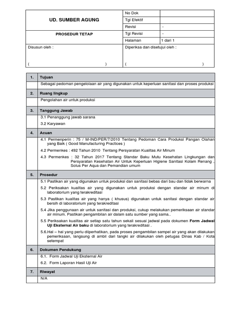 Protap Pengelolaan Air Sanitasi dan Produksi | PDF