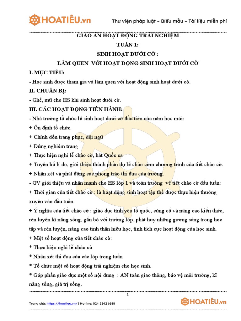 Giao An Hoat Dong Trai Nghiem Lop 1 Sach Canh Dieu Chia Cot | PDF