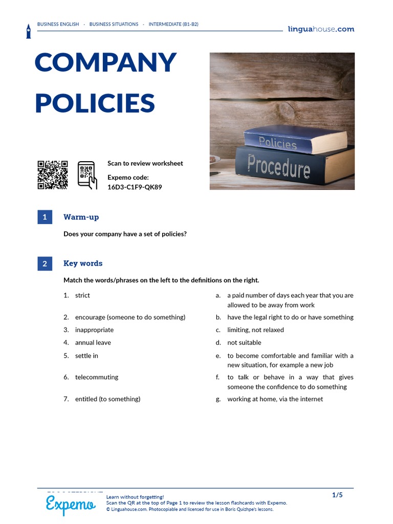 Company Policies for Intermediate Learners | PDF | Linguistics