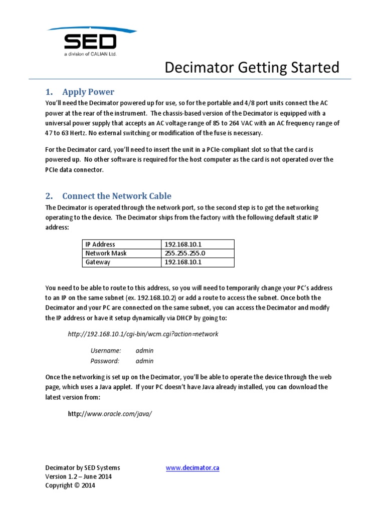 Decimator Getting Started: 1. Apply Power | PDF | Ip Address | Computer Network