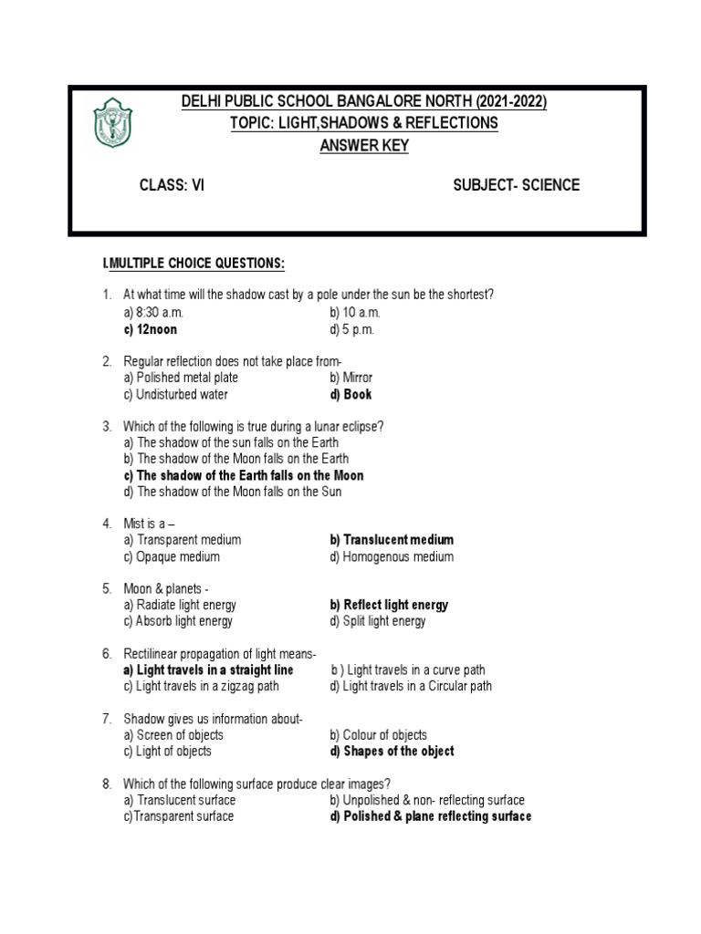 Class 6 Science: Light and Shadows Answers | PDF | Shadow | Reflection ...