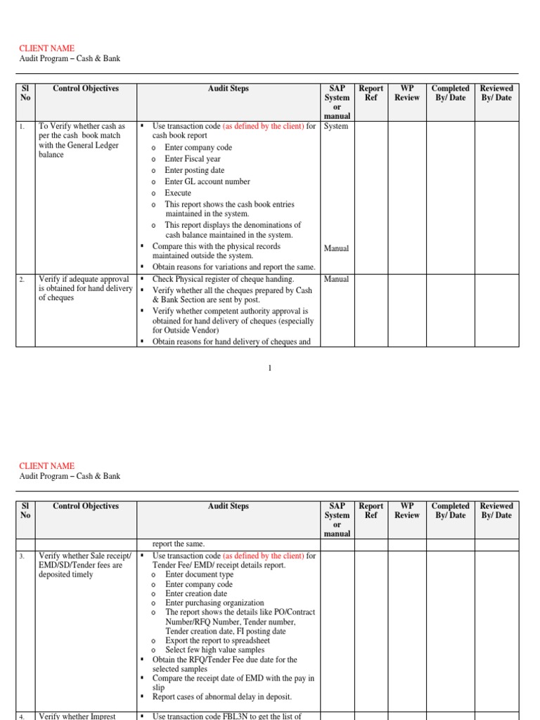 Audit Program Cash & Bank | PDF | Cheque | Debits And Credits