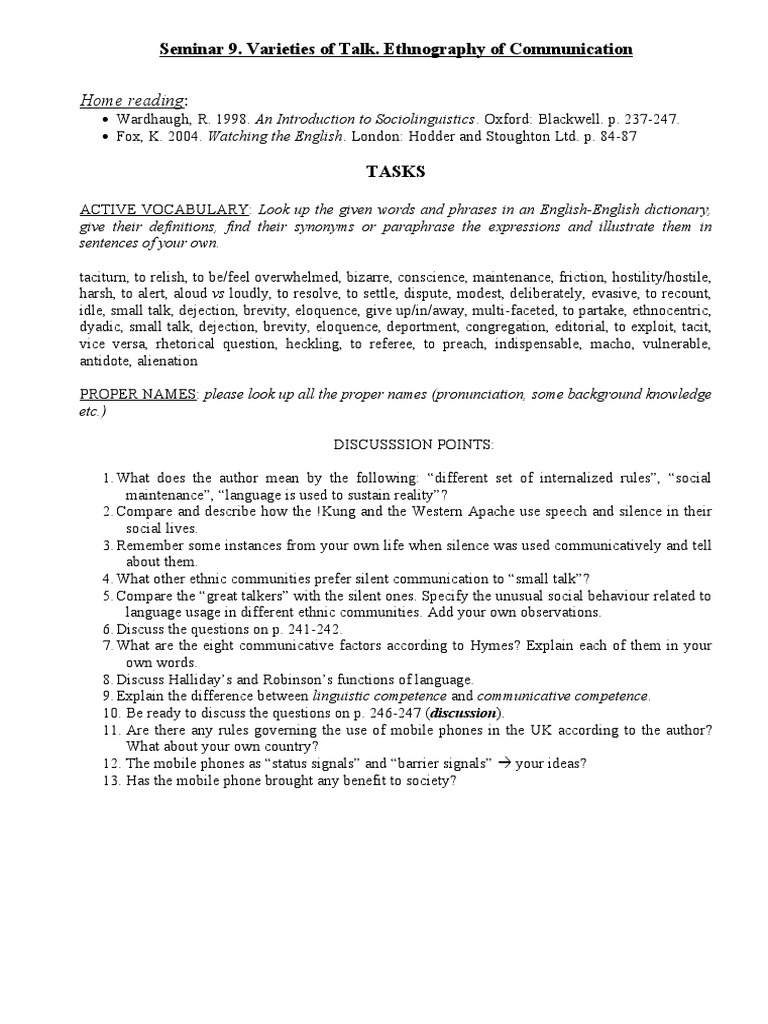 Academic Reading - Varieties of Talk. Ethnography of Communication ...