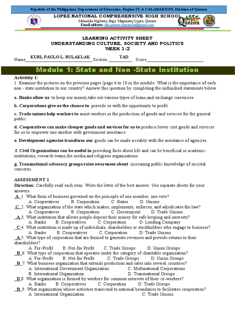 Module 1: State and Non - State Institution: Kurl Paulo L. Bulaklak TAD ...