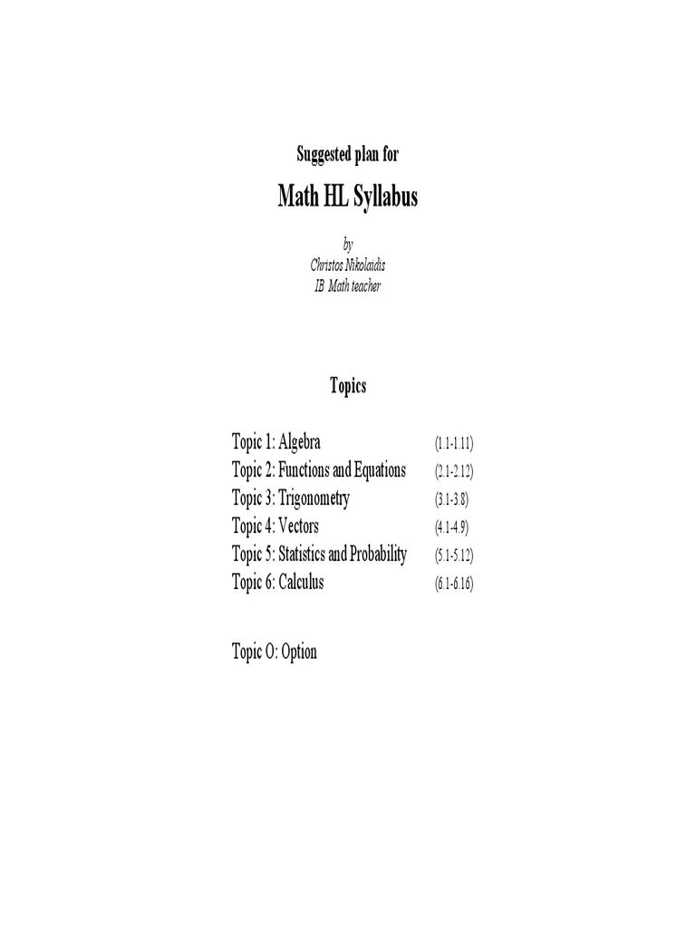 Math HL Syllabus: Suggested Plan For | PDF | Trigonometric Functions ...