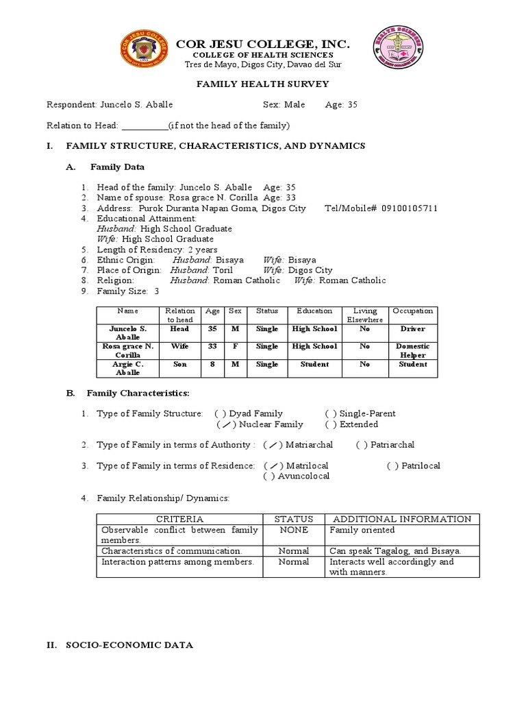 Cor Jesu College, Inc.: Family Health Survey | PDF | Family | Sanitation