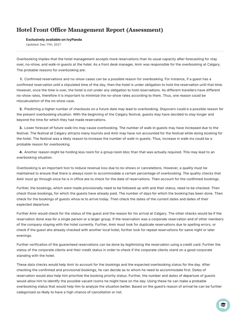 Hotel Front Office Management - 1107 Words - Assessment Example | PDF ...