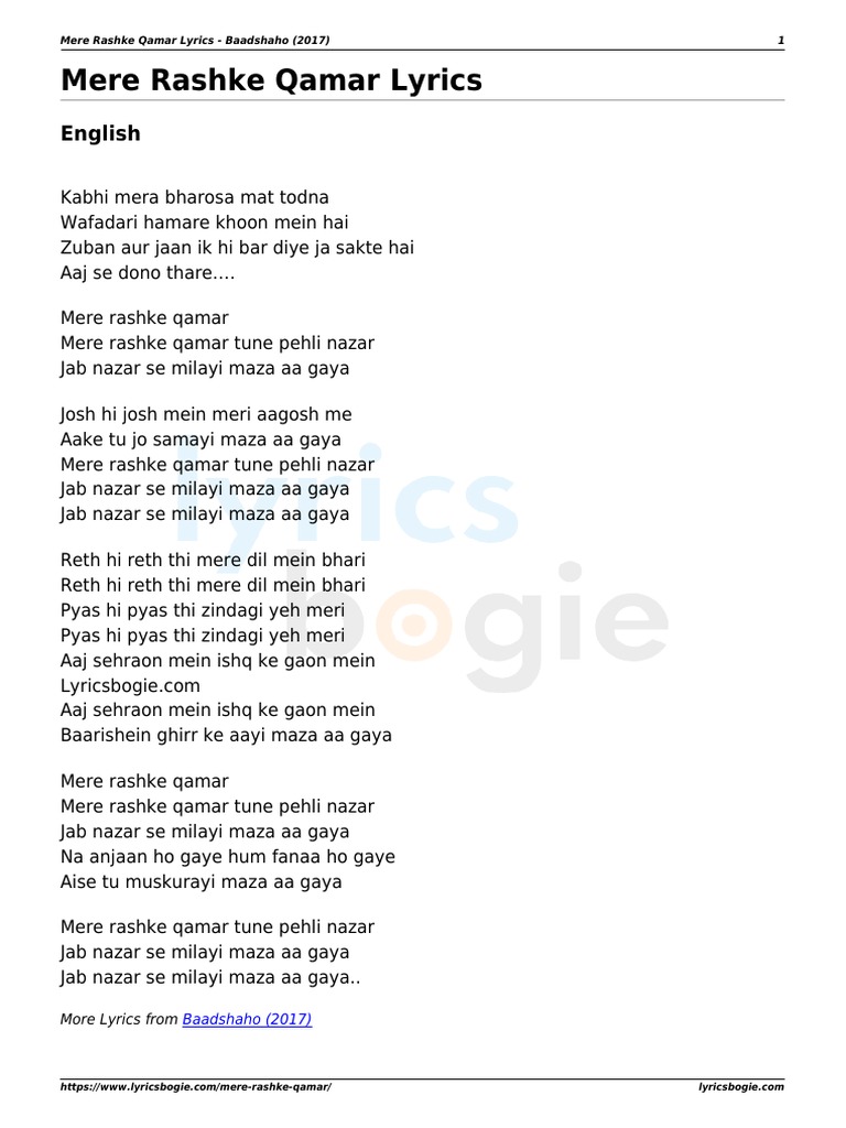 Mere Rashke Qamar Lyrics: English | PDF | Language Arts & Discipline