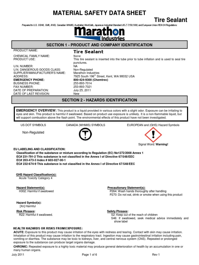 Canadian Tire Tire Sealant MSDS | PDF | Dangerous Goods | Toxicity