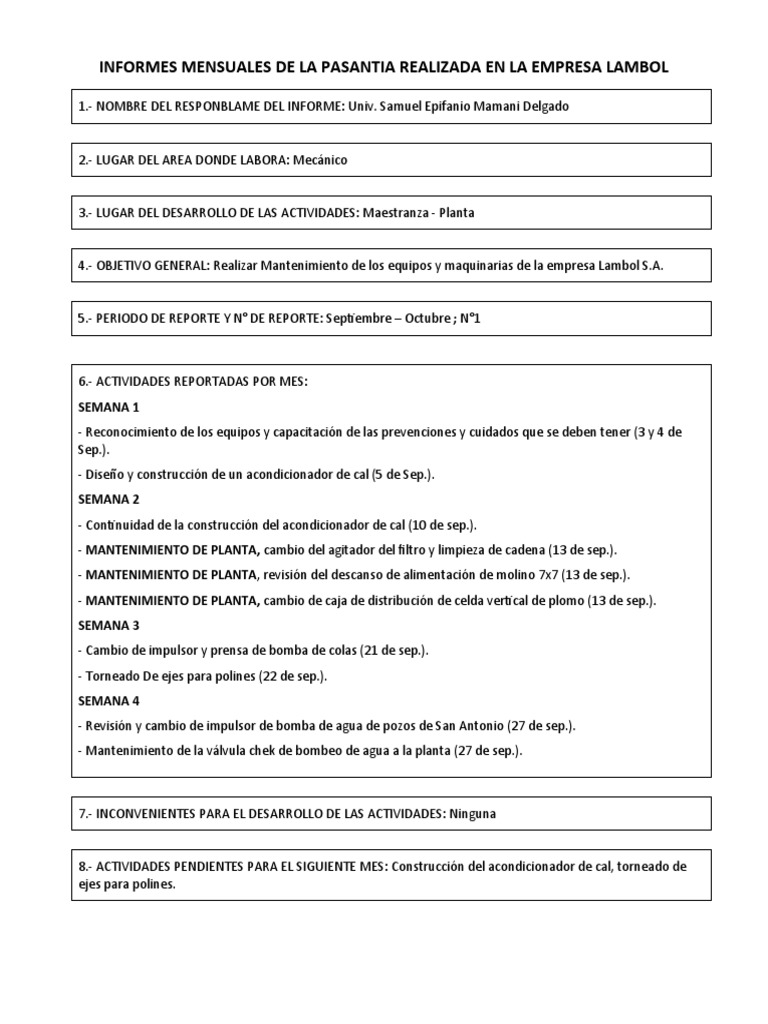 Informes Mensuales de La Pasantia Realizada en La Empresa Lambol | PDF ...
