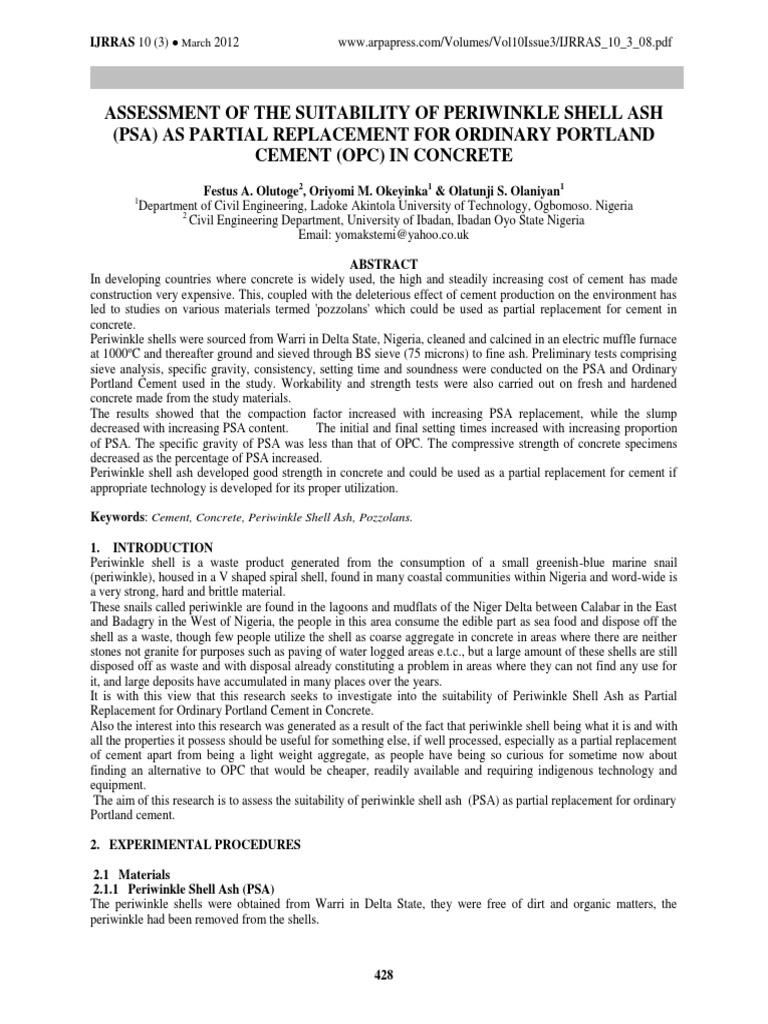 Periwinkle Shell Ash | PDF | Concrete | Cement