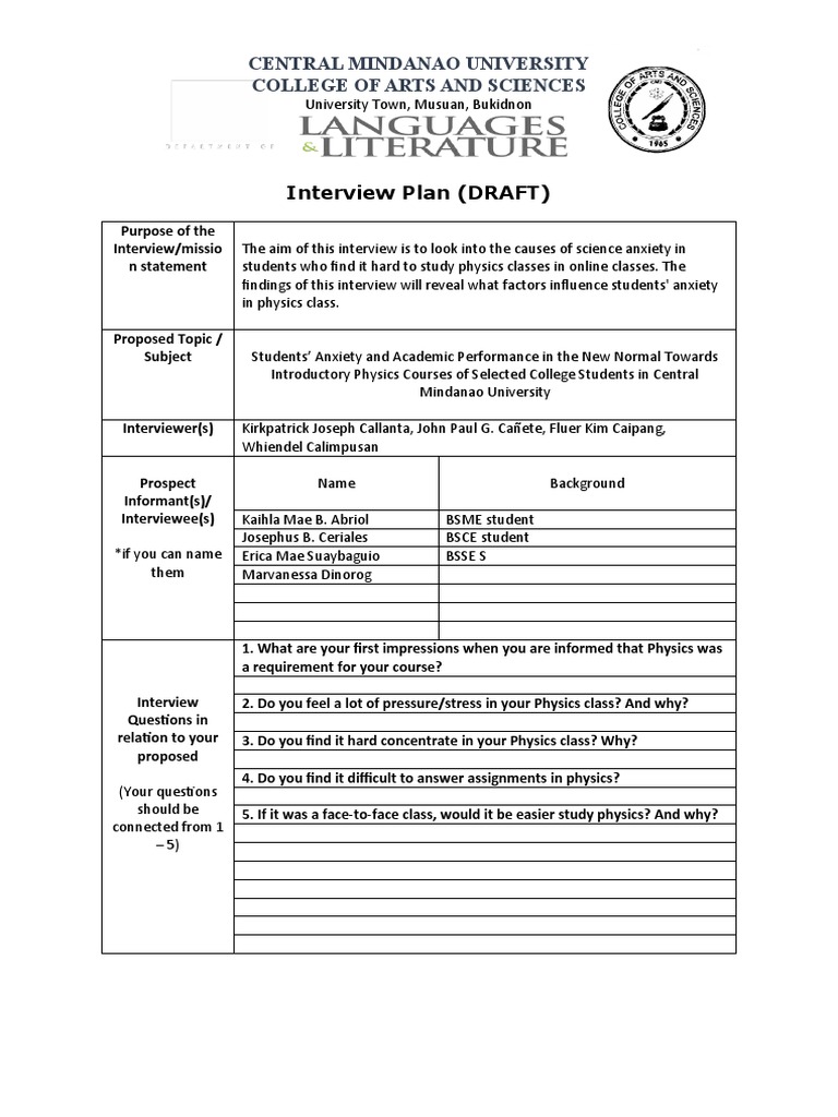 Interview Plan (DRAFT) : Central Mindanao University College of Arts ...