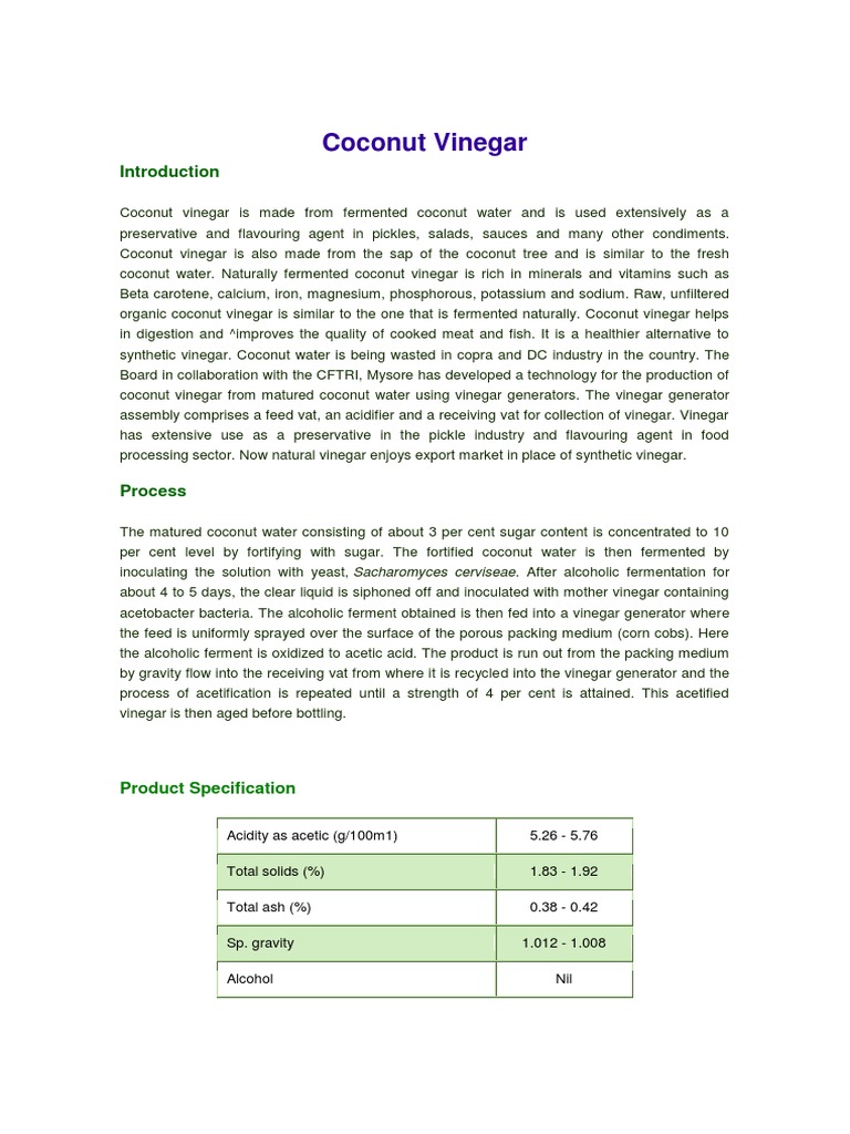 Coconut Vinegar: Product Specification | PDF | Vinegar | Coconut