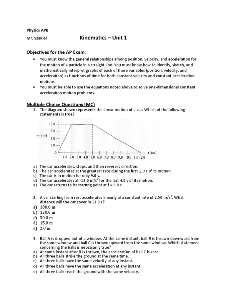 1-15-15 Kinematics AP1 - Review Set | PDF | Acceleration | Velocity