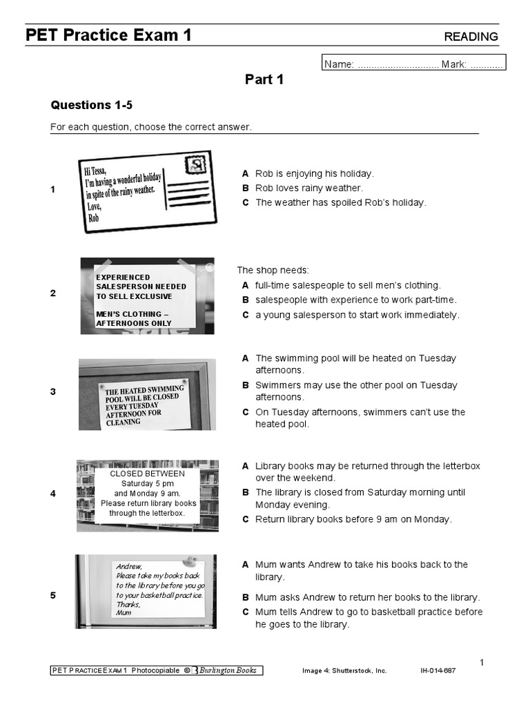 PET Practice Exam 1: Questions 1-5 | PDF